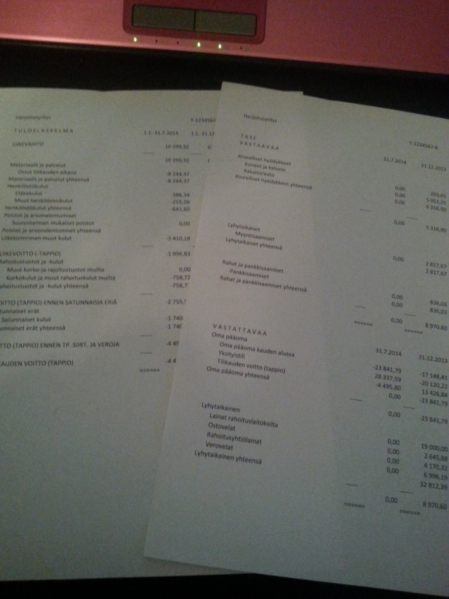 Tasekirjan sekä tilinpäätöskansion tekoa harjoitusyritykselle ...